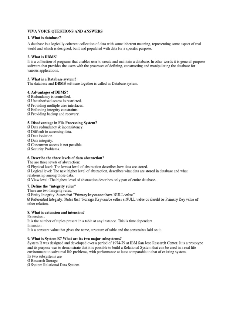 Dbms Viva Voice Questions and Answers | Relational Database | Databases