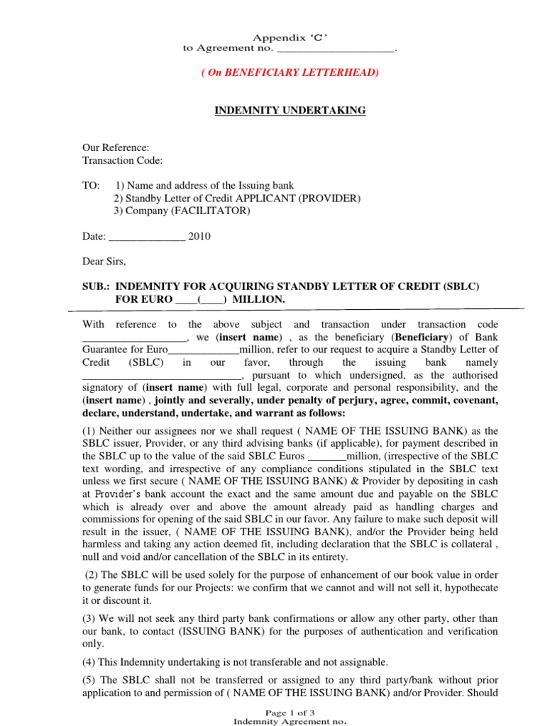 Indemnity Undertaking: ( On Beneficiary Letterhead) | Indemnity ...
