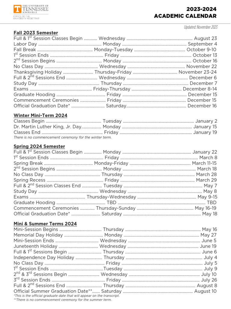 UT Knoxville Academic Calendar 2023-2024 | PDF | Academic Term ...