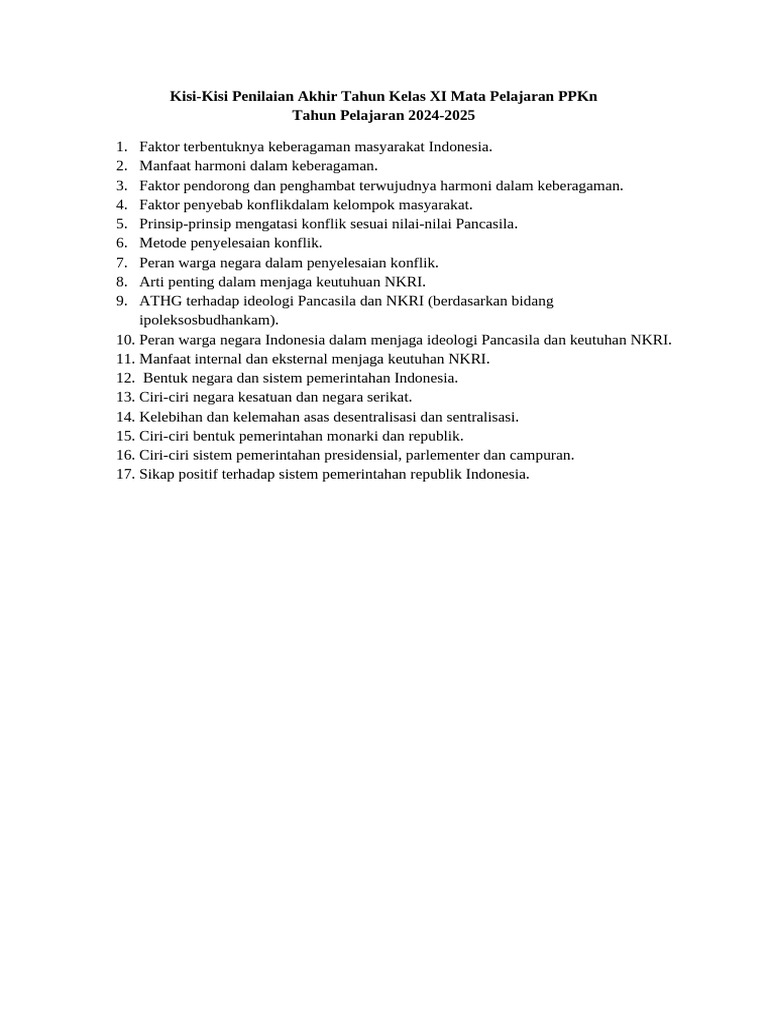 Kisi-Kisi PPKn Kelas XI 2024-2025 | PDF
