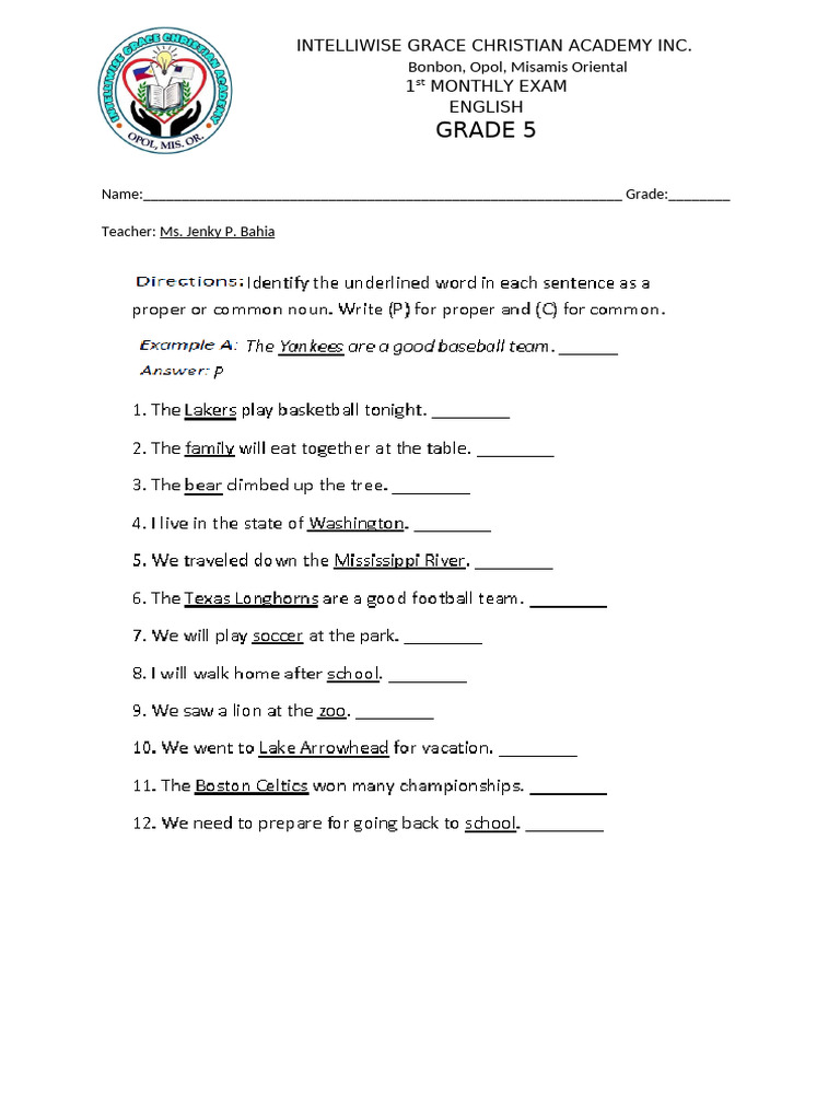 Grade 5 Monthly Exam Papers | PDF
