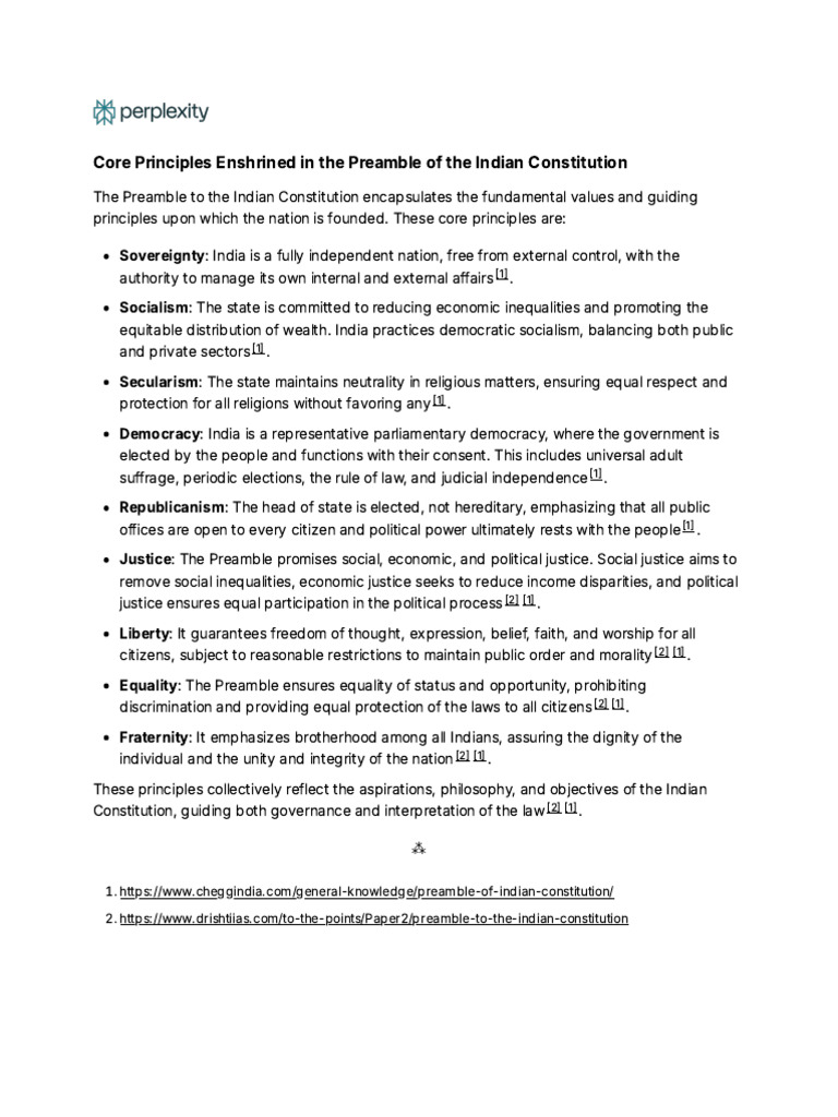Core Principles Enshrined in The Preamble of The I | PDF