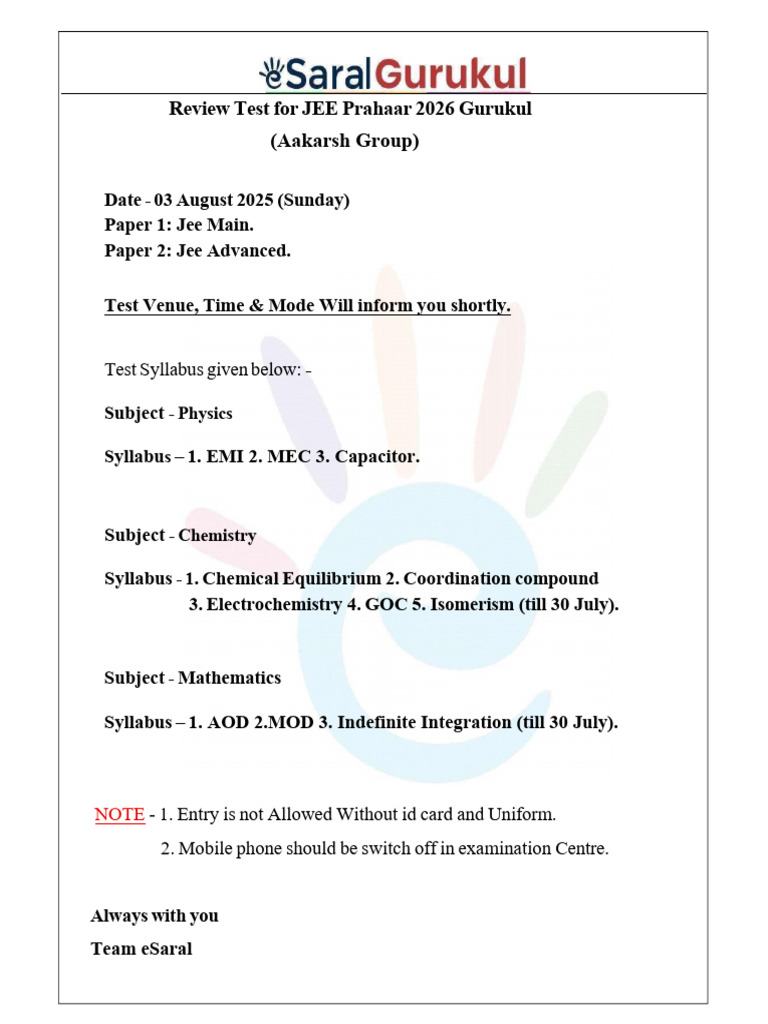 Review Test 03 August Test Syllabus (Aakarsh) | PDF