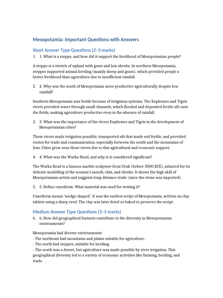Mesopotamia: Key Questions & Answers | PDF | Mesopotamia | Euphrates