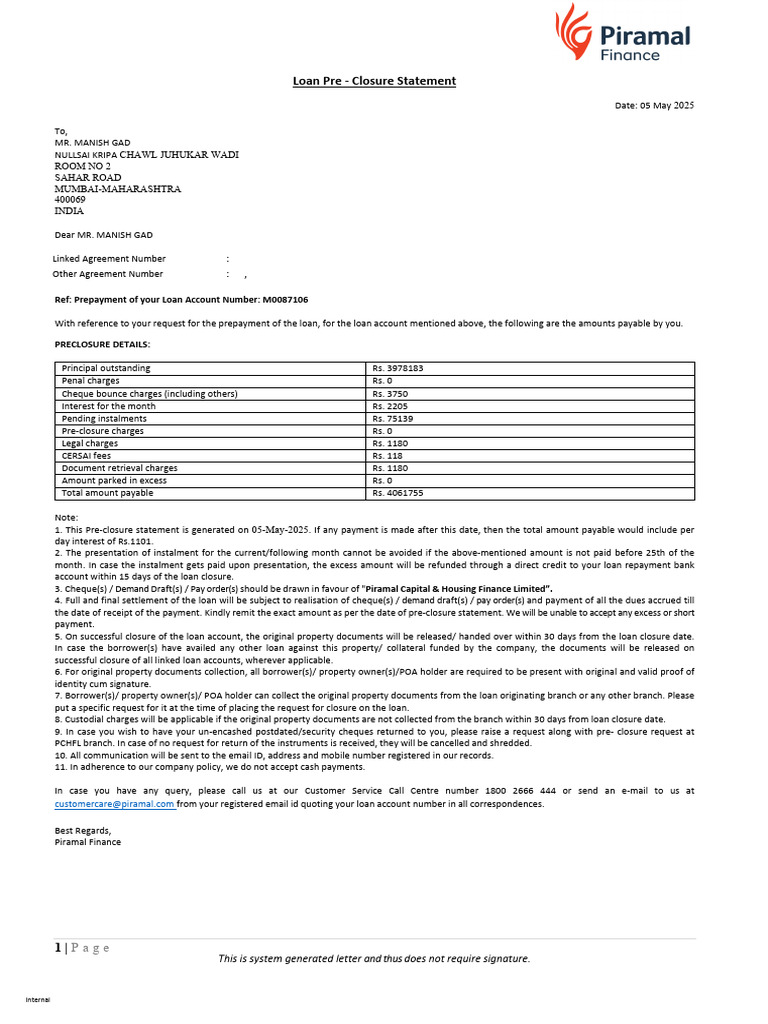 Pre-Closure Statement for Loan Account | PDF | Loans | Cheque