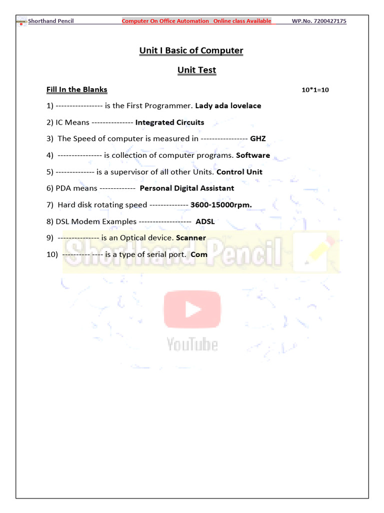 Unit I Basic of Computer One Marks Answer | PDF