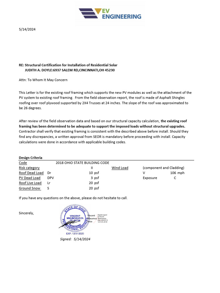 Structural Certification for PV Installation | PDF | Roof | Structural Load