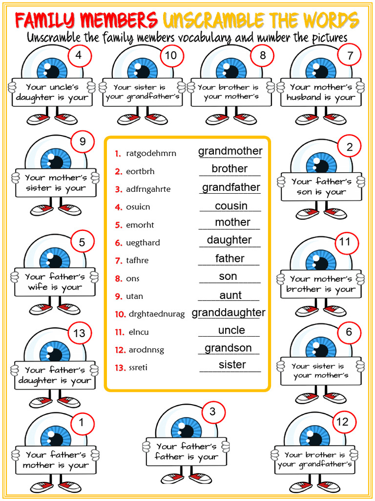 Family Members Vocabulary Esl Unscramble The Words Worksheet For Kids | PDF