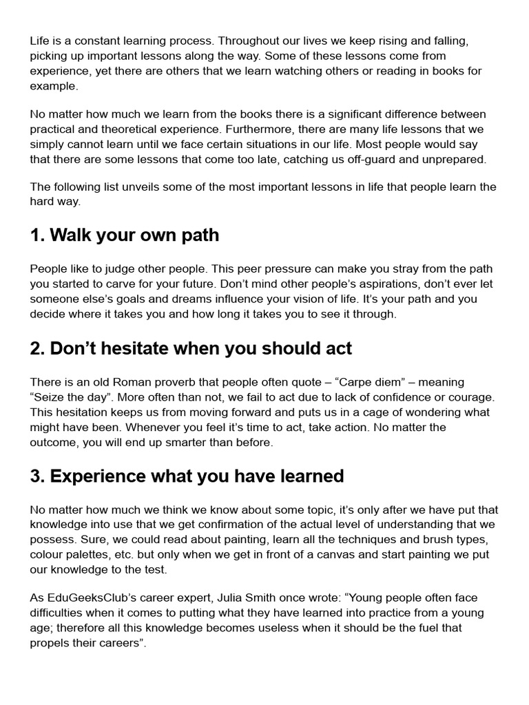 Key Life Lessons Learned the Hard Way | PDF | Well Being | Knowledge