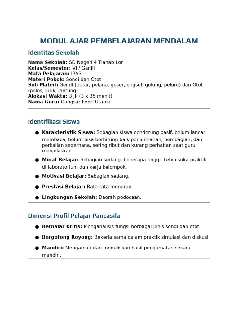 Modul Ajar IPAS_KELAS VI_BAB 1_Sendi Otot (1) | PDF