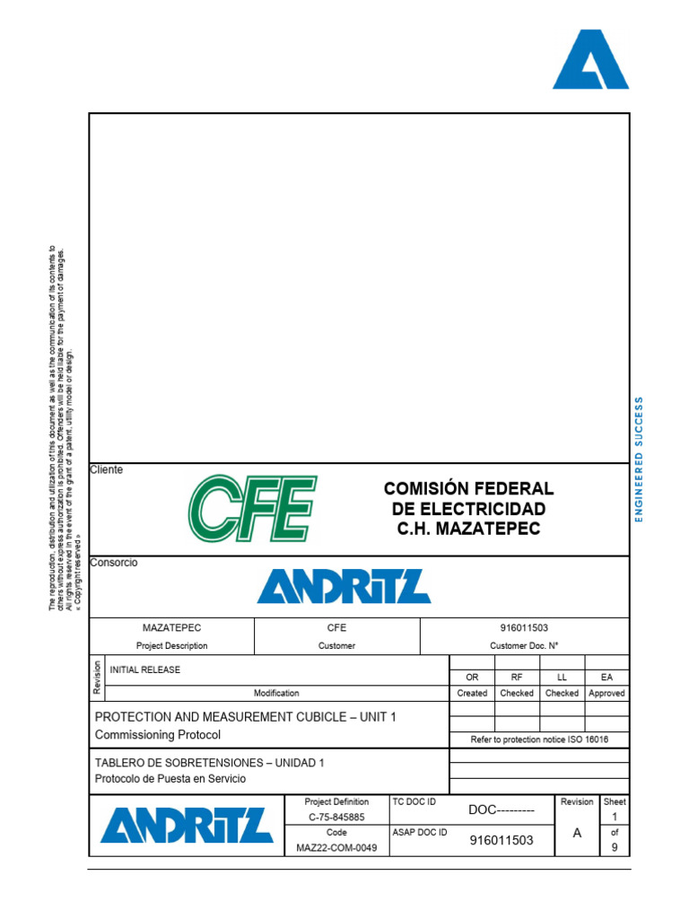 916013224_Protocolo de PeS - Celda de Sobretensiones | PDF | Transformador | Red eléctrica