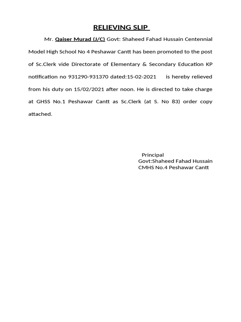 Relieving Order for Mr. Qaiser Murad | PDF