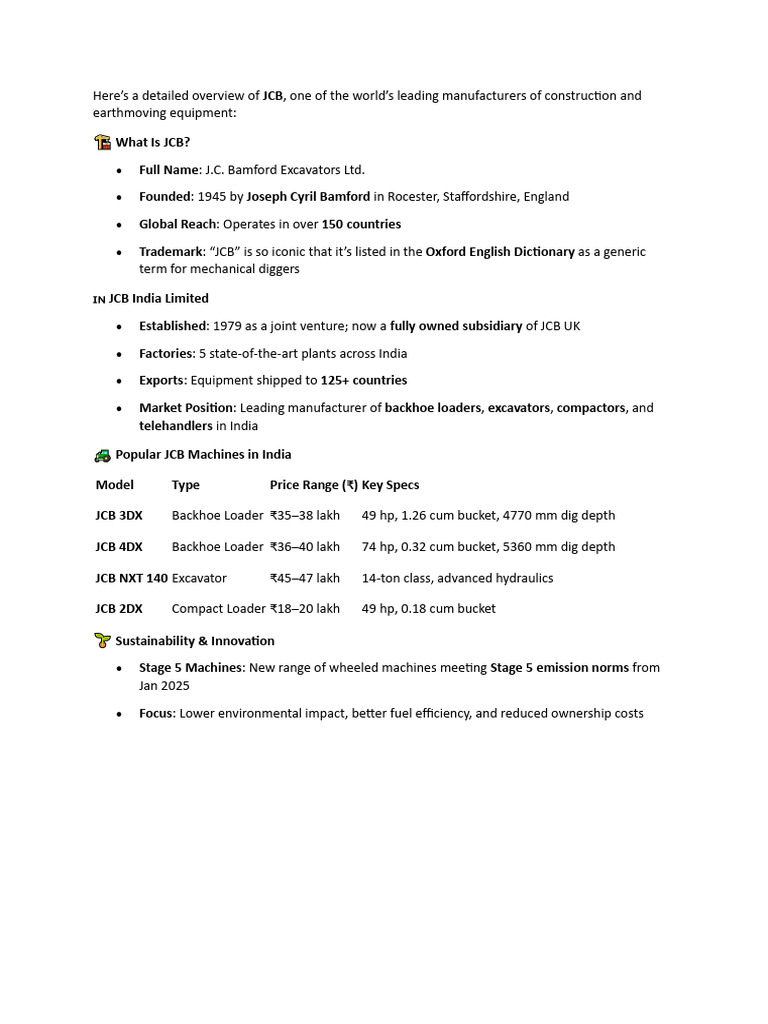 Overview of JCB: History and Machines | PDF
