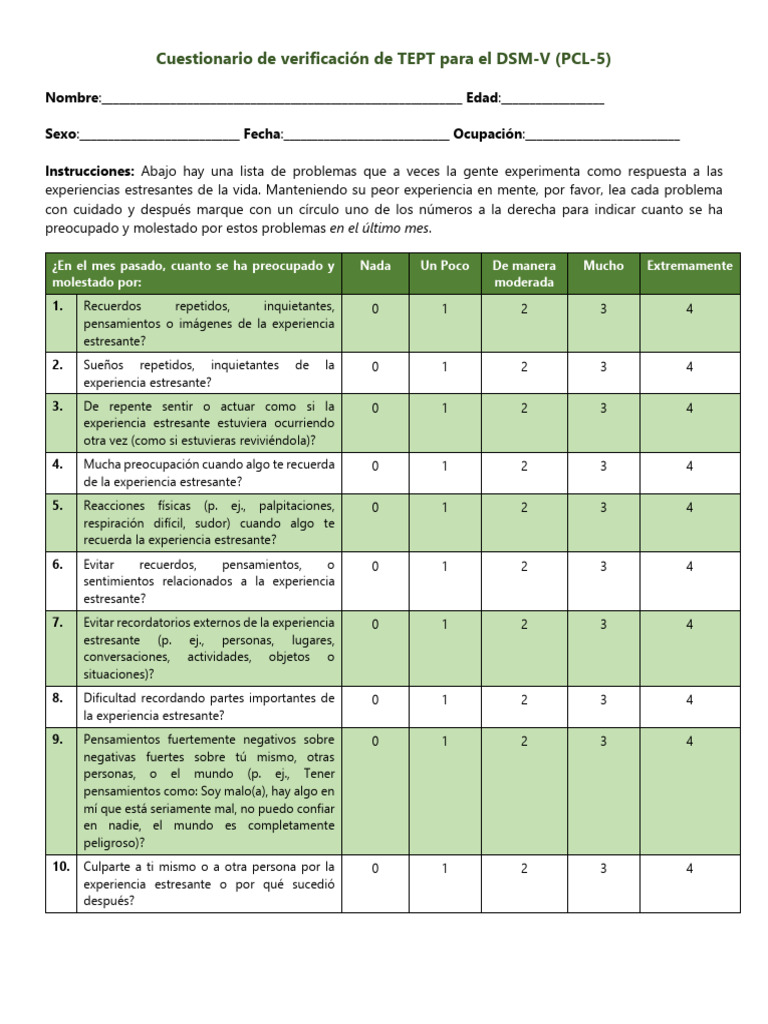Cuestionario de TEPT para El DSM V | PDF | Ira | Manual Diagnóstico y Estadístico de los ...