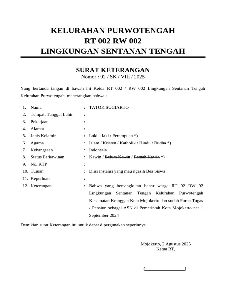 Surat Keterangan RT | PDF