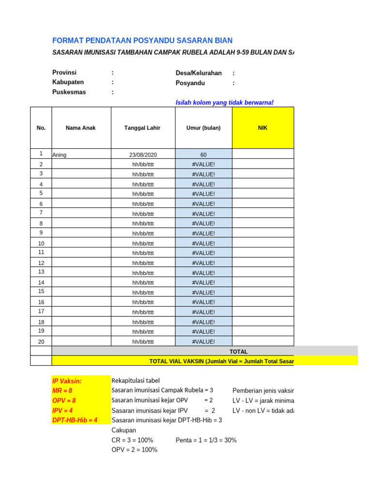 Format Pendataan Imunisasi Campak Rubela | PDF