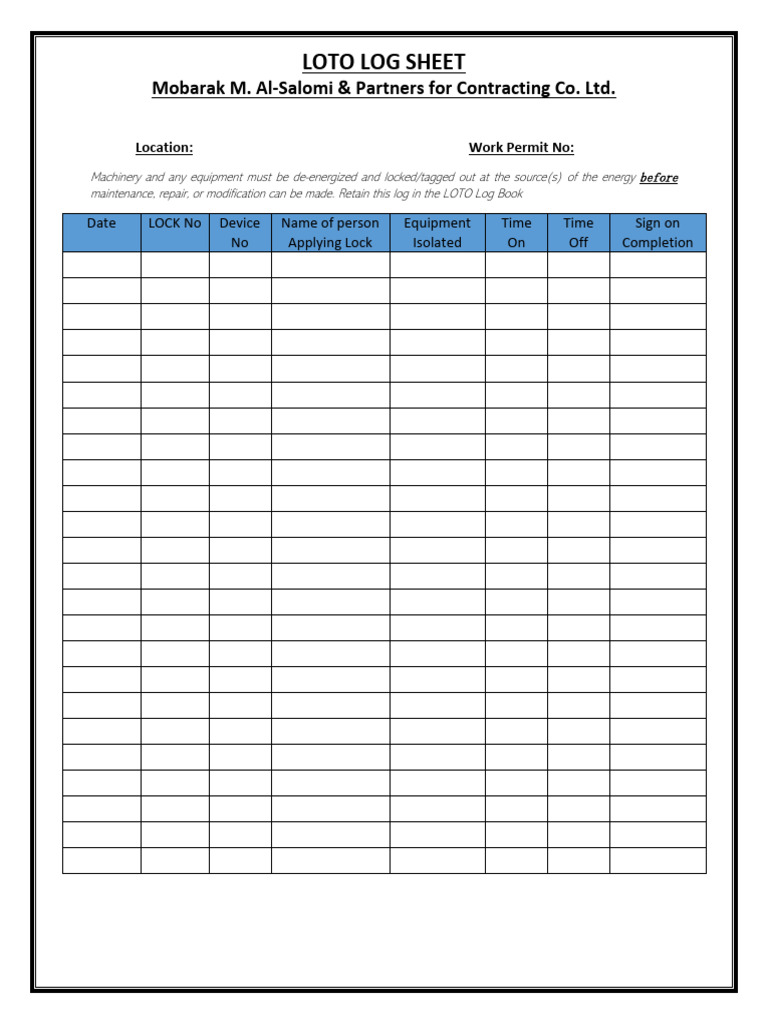 Saudi Aramco LOTO Log-Sheet | PDF