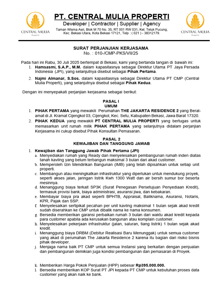Perjanjian Kerjasama PT CMP dan JPI | PDF