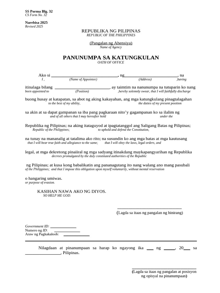 ANNEX B - SS Porma BLG 32 Narebisa 2025 - Panunumpa Sa Katungkulan | PDF