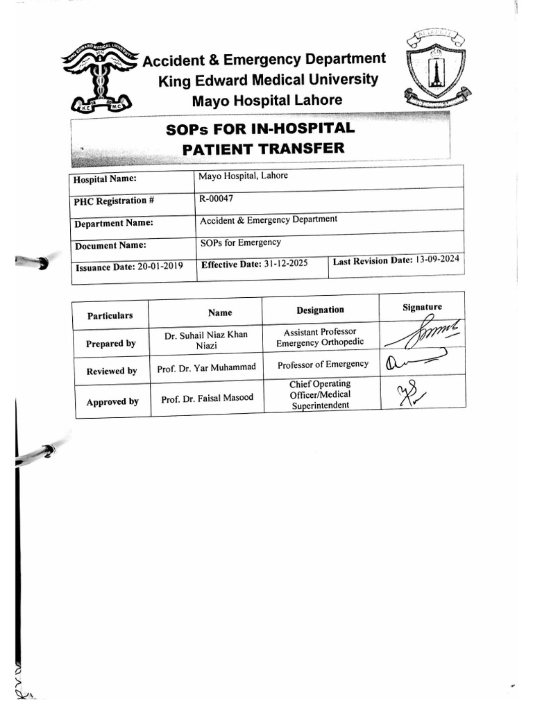 SOPs In-Hospital Patient Transfer | PDF