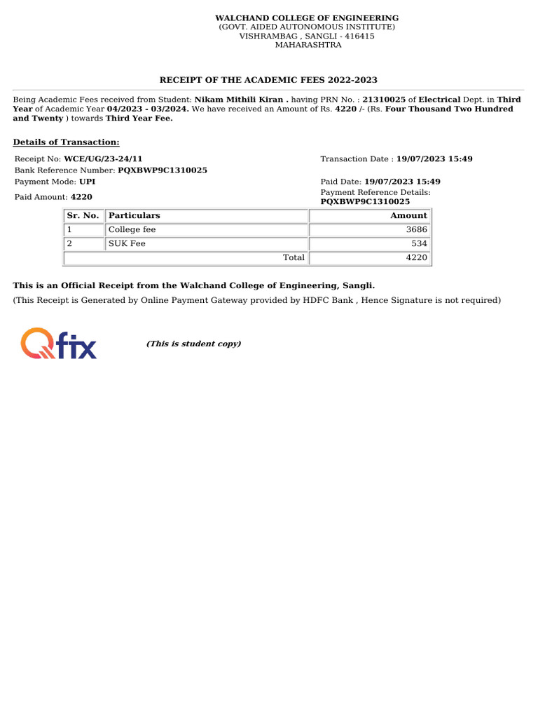 Walchand College Academic Fee Receipt 2023 | PDF