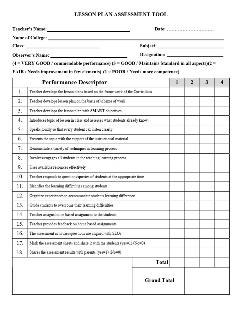 Lesson Plan Assessment Tool | PDF