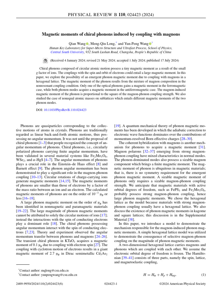 Magnetic Moments of Chiral Phonons Induced by Coupling With Magnons | PDF | Phonon | Magnetism