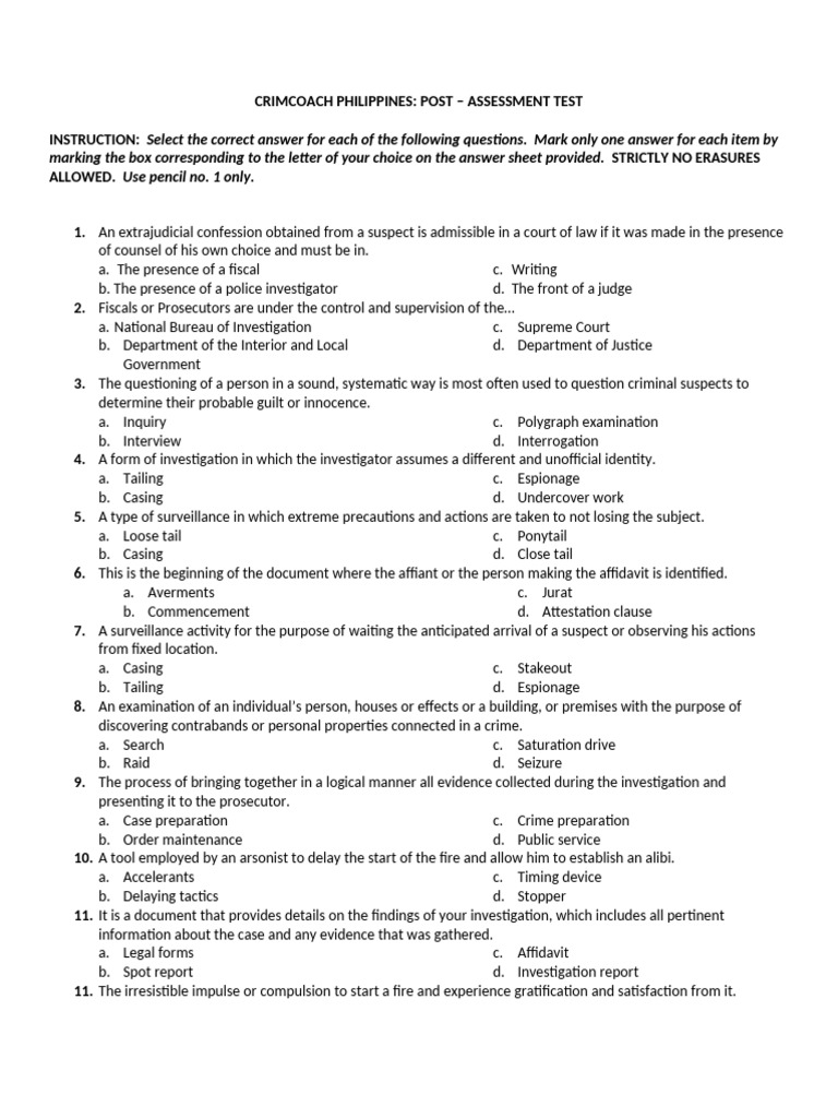 Post-Test Crimcoach Agoo - Answer Key | PDF | Gun Barrel | Bullet