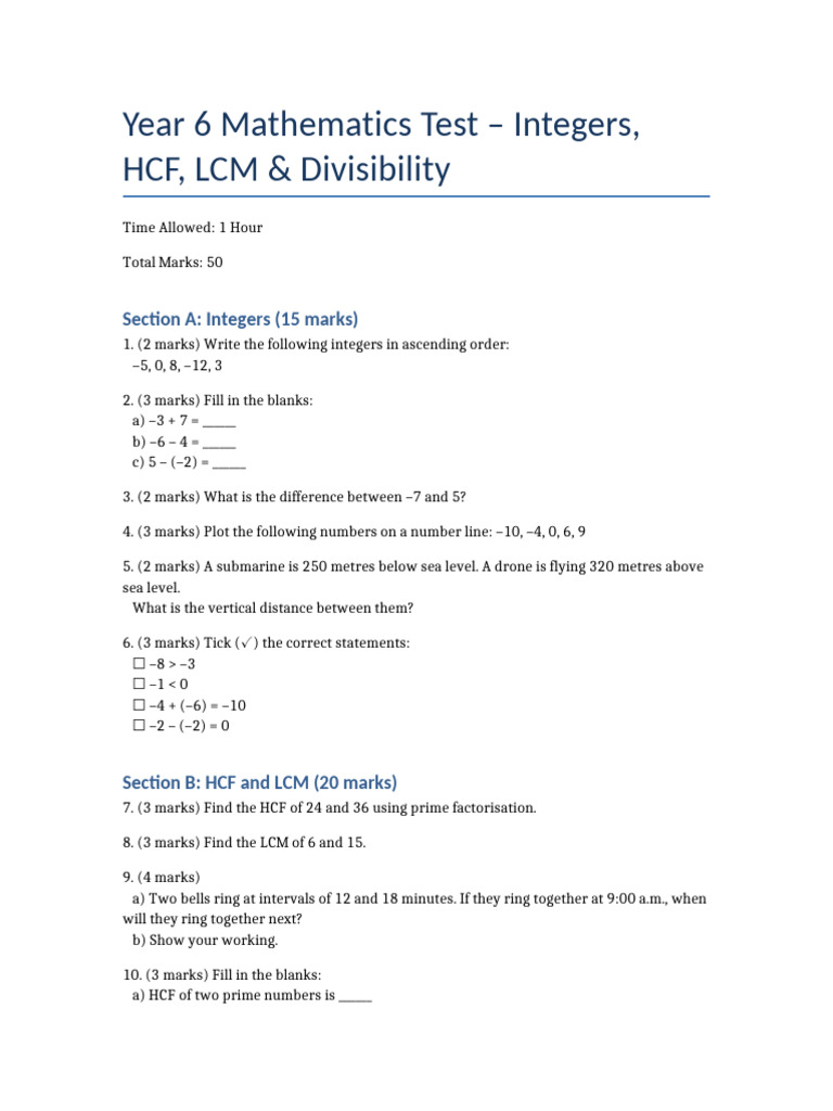 Year 6 Math Test: HCF, LCM, Divisibility | PDF