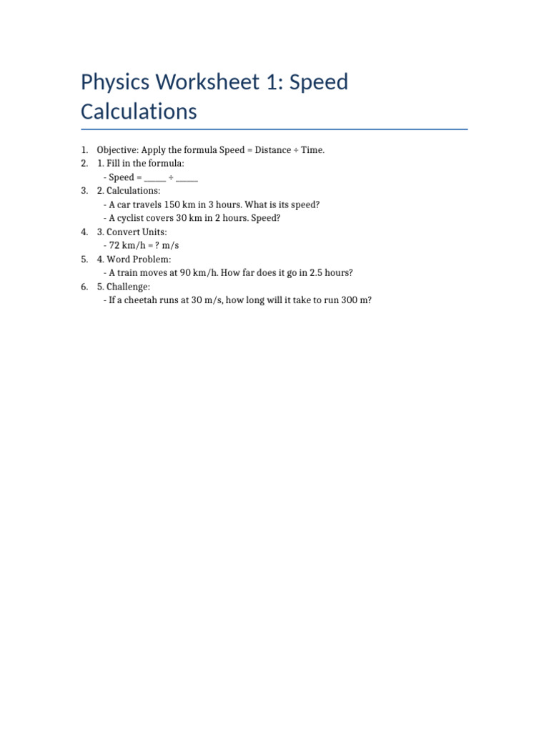 Physics Worksheet 1 Speed | PDF