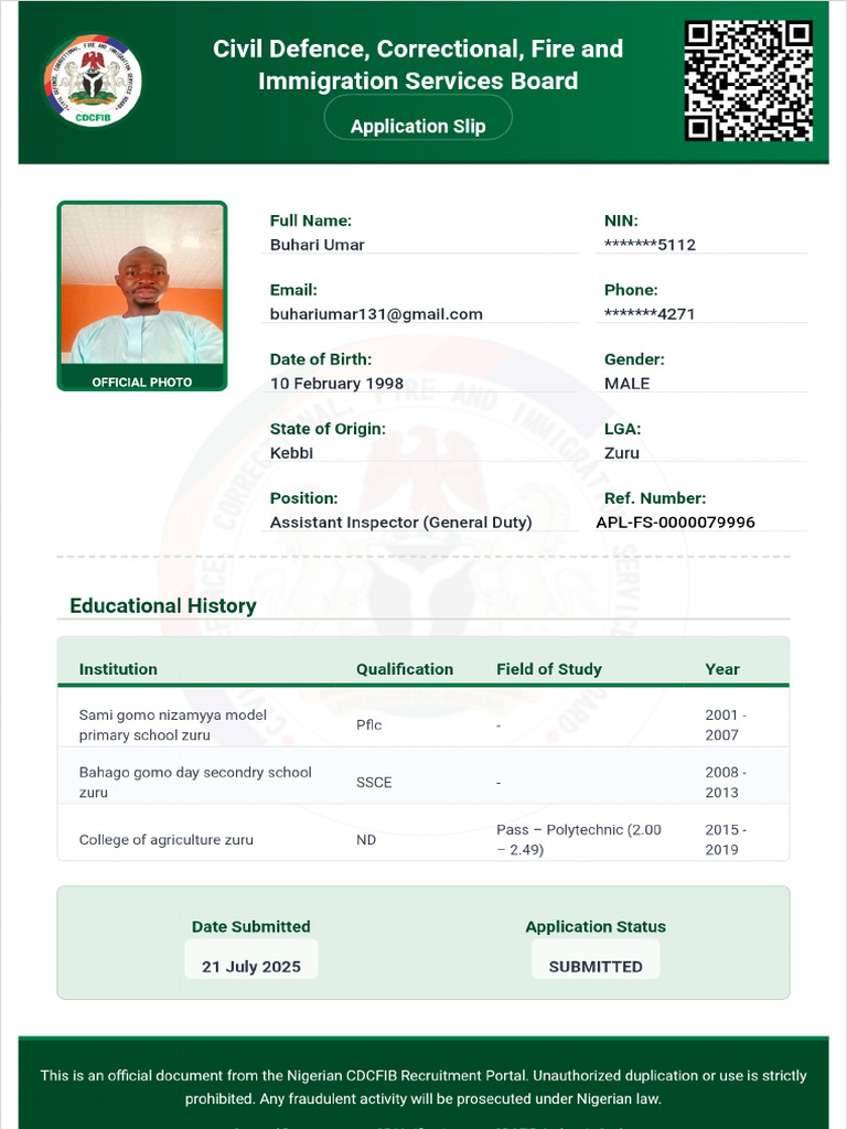 BUHARI UMAR Application Slip | PDF
