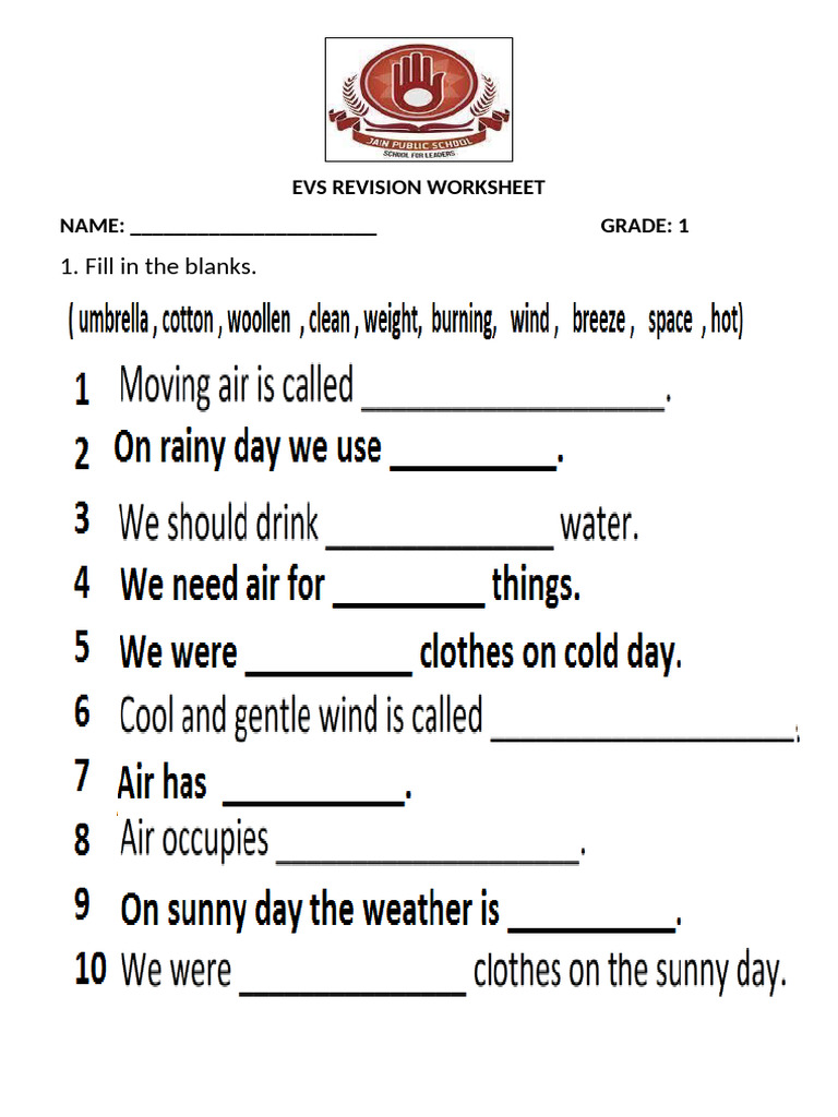 Evs Revision Worksheet Grade 1 | PDF