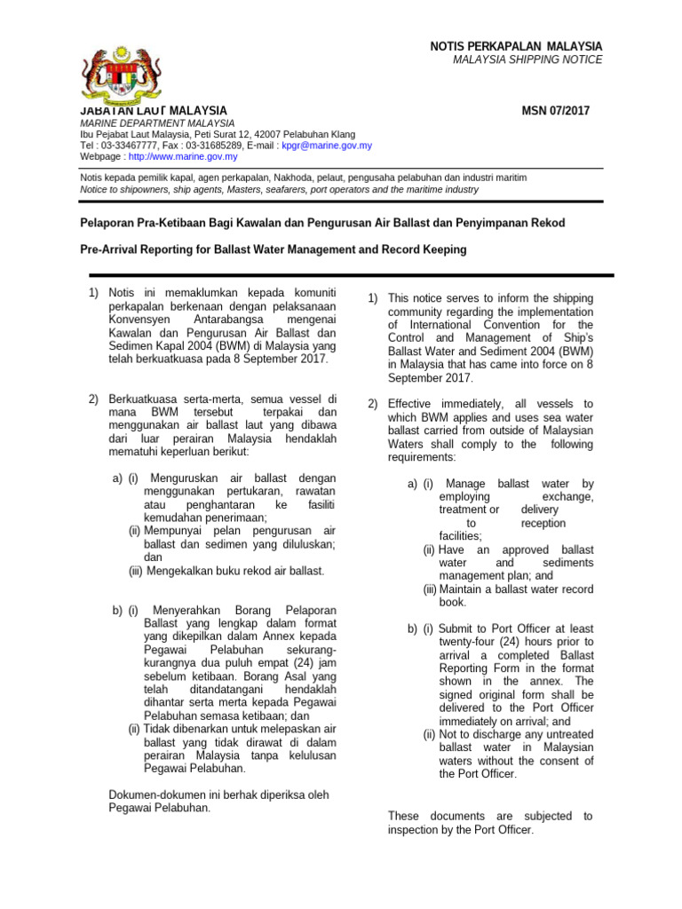 Malaysia Ballast Water Report | PDF | Water Transport | Shipping