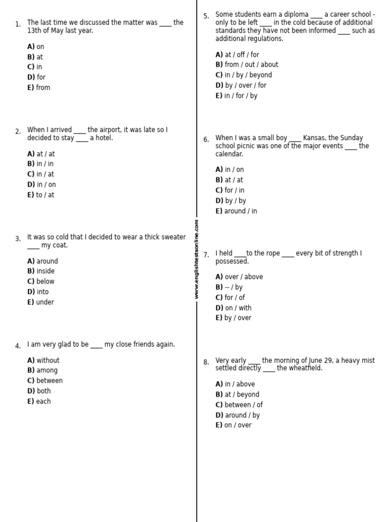 2 Prepositions Test Exercises Multiple Choice Questions With Answers | PDF