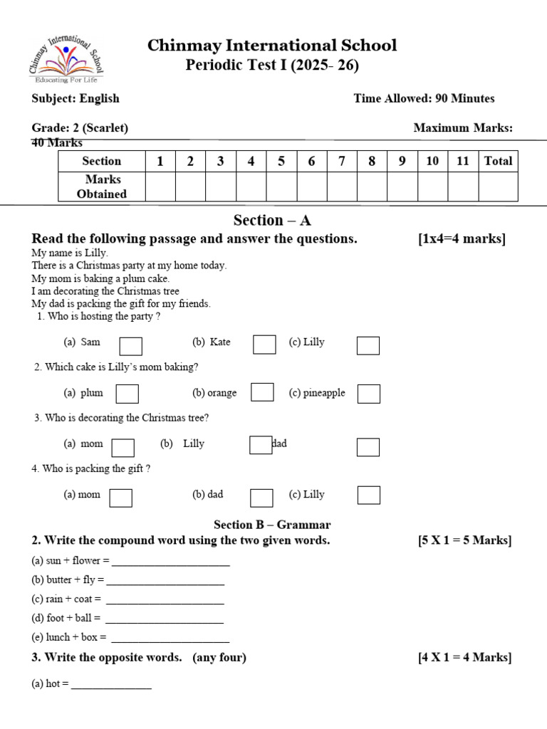 English Test for Grade 2 Students | PDF