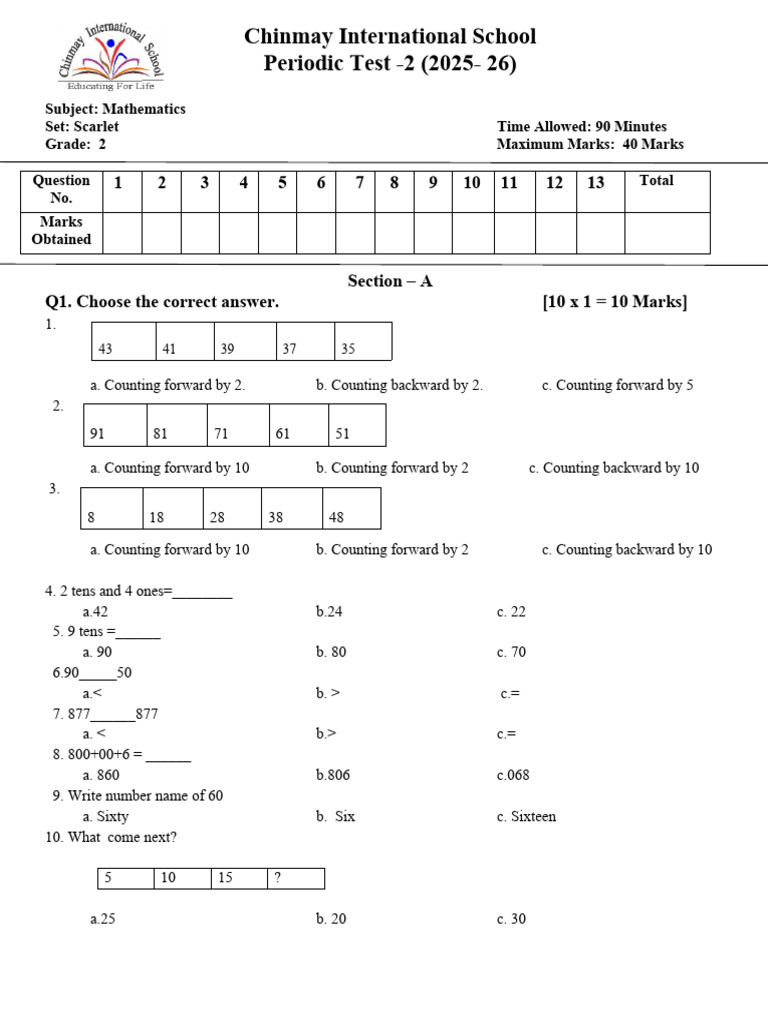 Grade 2 Math Test - Chinmay School | PDF | Chess Openings | Chess