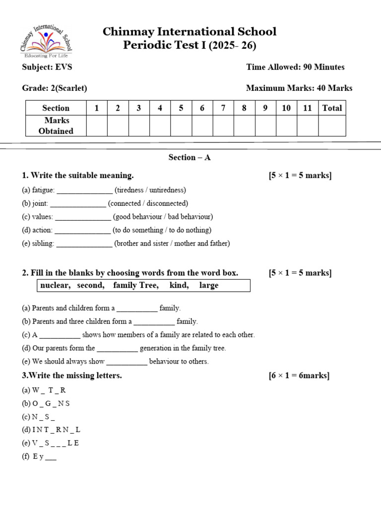 Pt1 Question Paper Grade-2 Evs Set-A | PDF | Hand