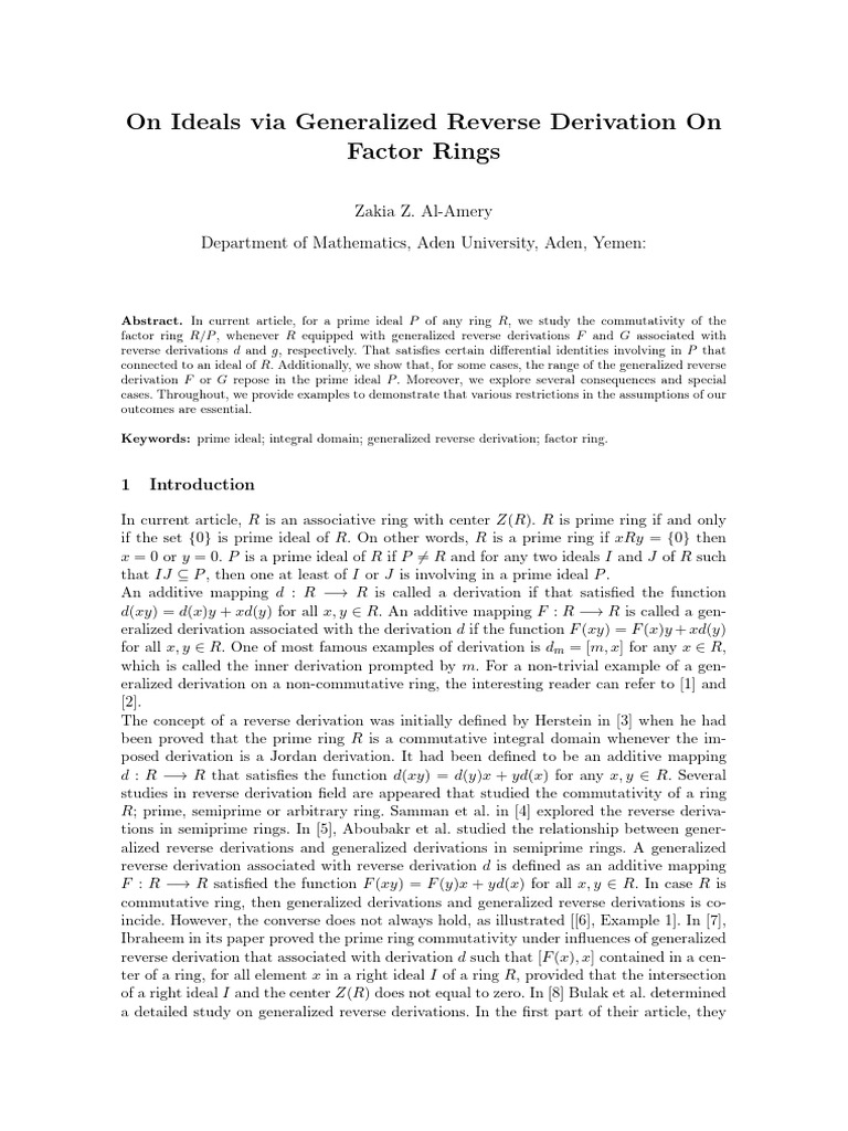 On Ideals Via Generalized Reverse Derivation On Factor Rings | PDF | Ring (Mathematics ...