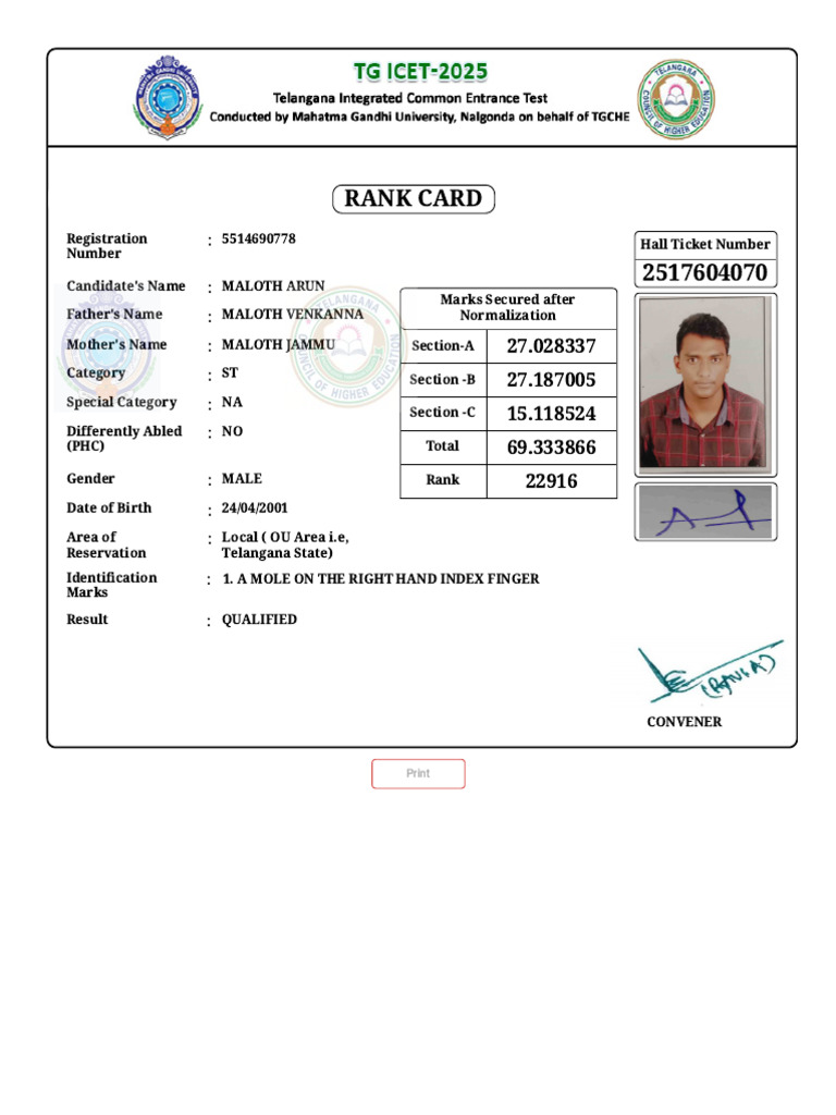 ST Candidate Rank Card Details | PDF