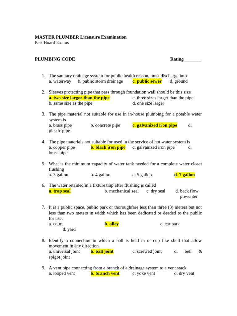 Master Plumber Exam Questions & Answers | PDF | Plumbing | Storm Drain