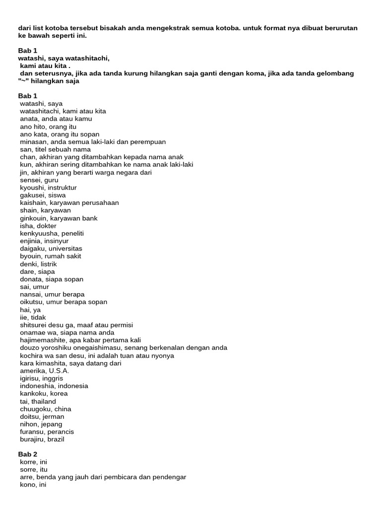 Daftar Kosakata Jepang Bab 1-8 | PDF