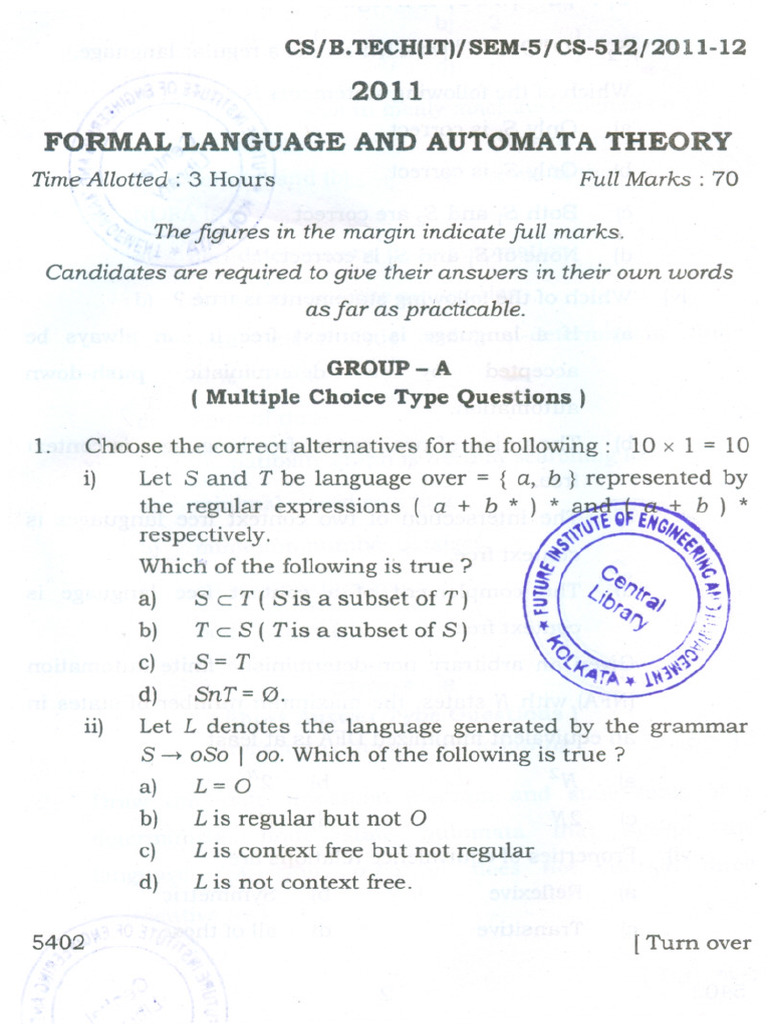 Formal Language and Automata Theory - CS512 - 2011 | PDF