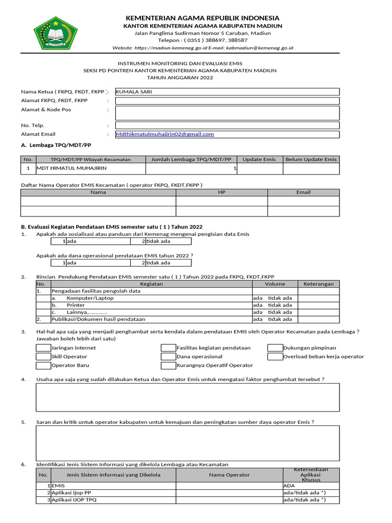 Instrumen Monev Emis Tahun 2022 | PDF