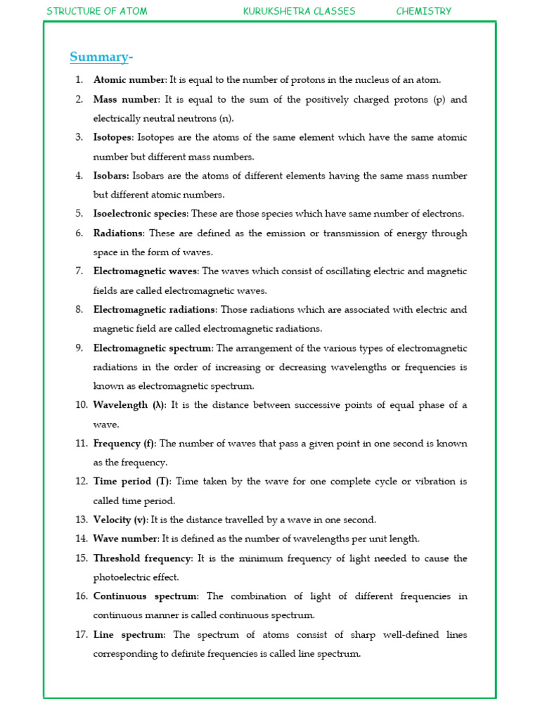 Summary - Structure of Atom | PDF | Atoms | Electromagnetic Radiation
