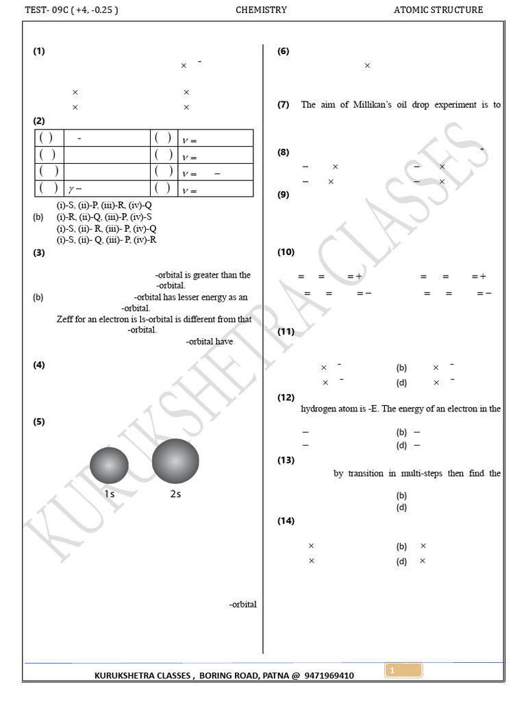 Chemistry Test on Atomic Structure Concepts | PDF | Atoms | Electron