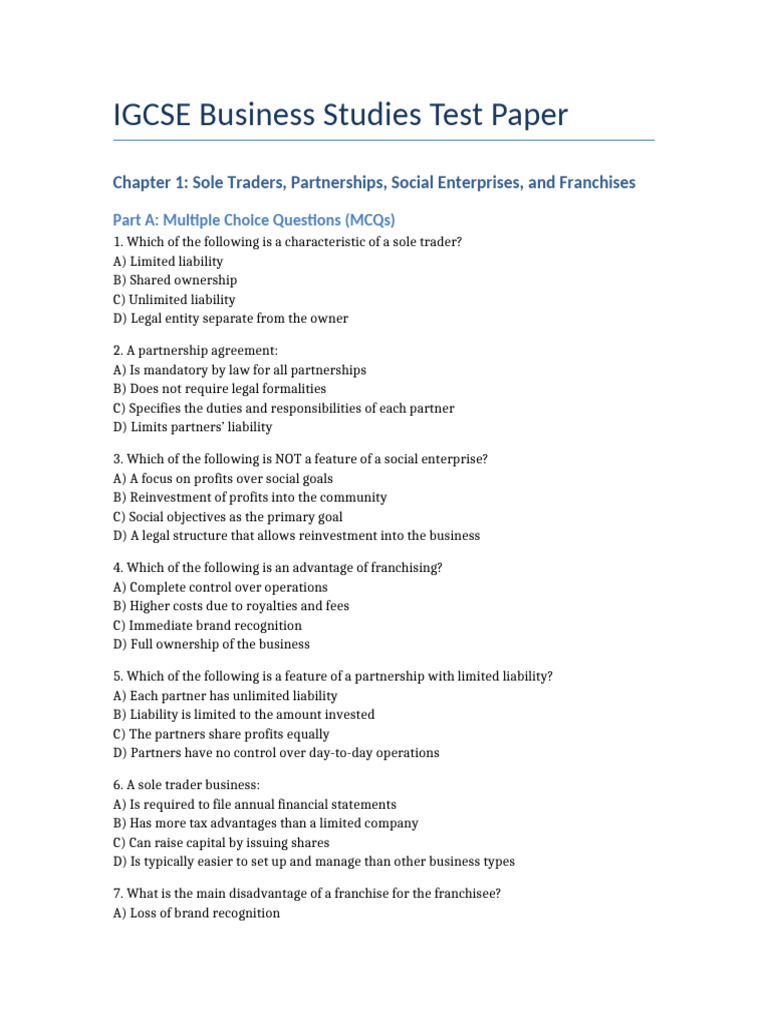 IGCSE Business Studies Test Paper | PDF | Franchising | Partnership
