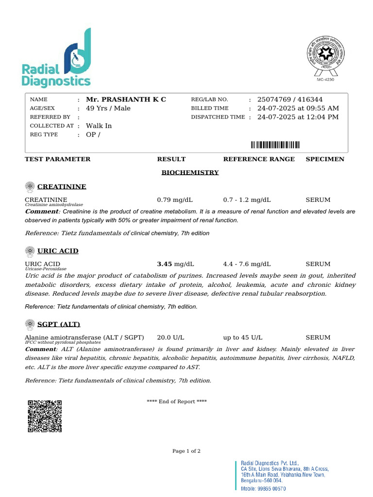 Creatinine: Biochemistry Test Parameter Result Reference Range Specimen ...