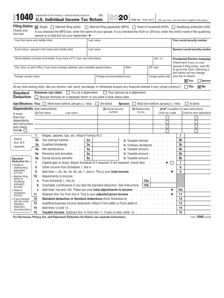 2020 U.S. Individual Tax Return Form 1040 | PDF | Tax Deduction | Irs ...
