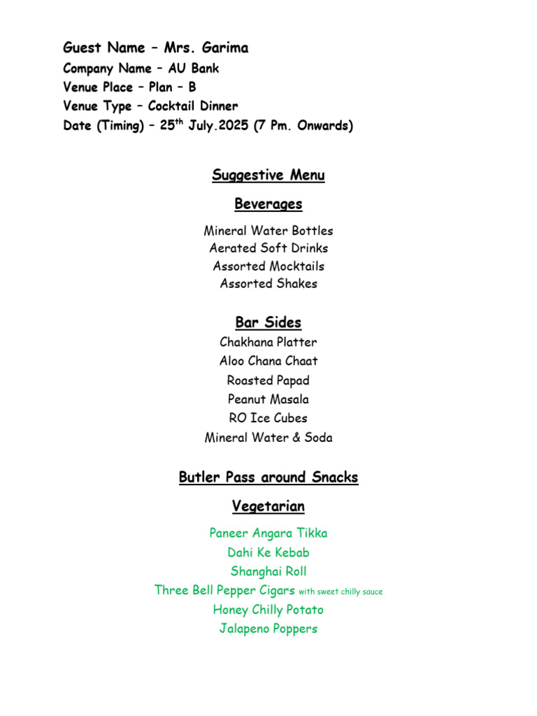 AU Bank Party Revise Menu (25.july.2025) | PDF