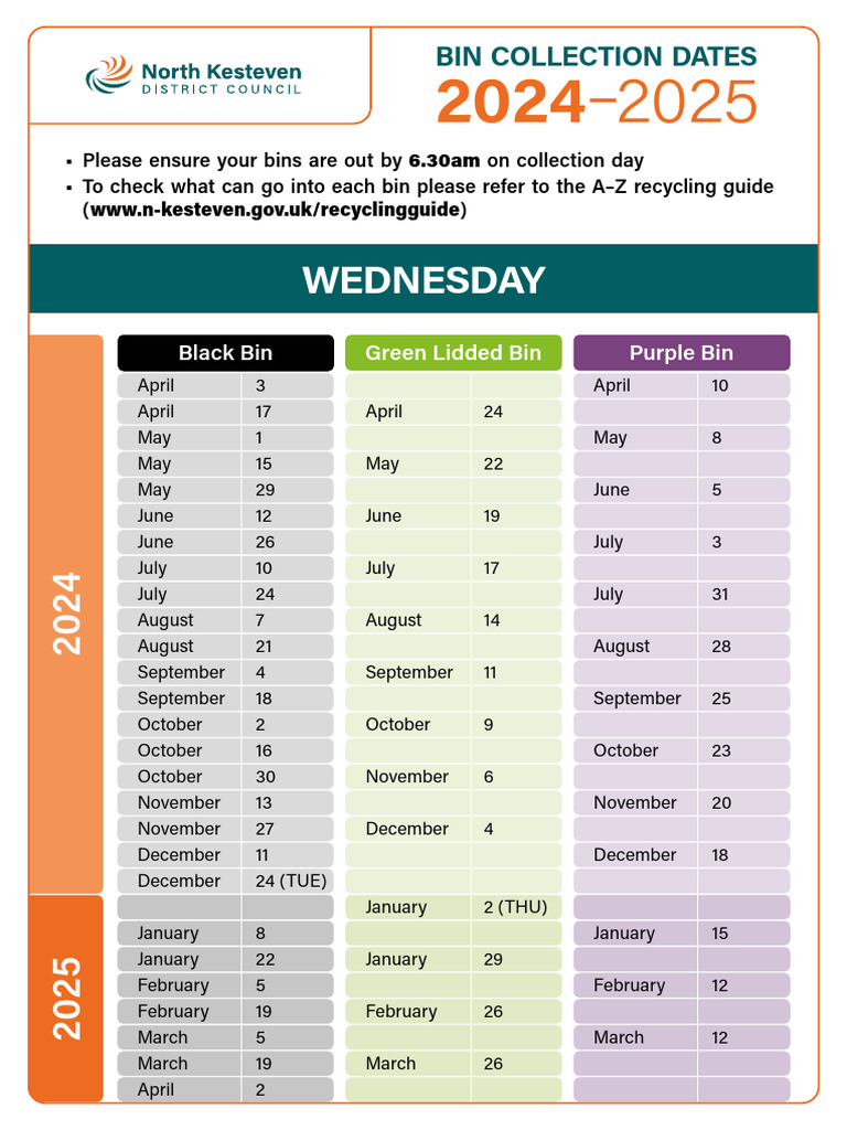 Black Green Lid Purple Bin Calendar Wednesday (2024-2025) | PDF